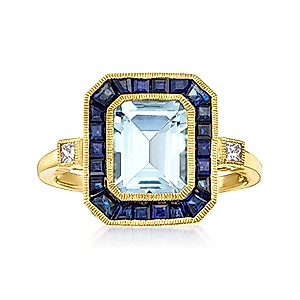 Ross-Simons 2.00 Carat Aquamarine and 1.60 ct. t.w. Sapphire Ring With .12 ct. t.w. Diamonds in 14kt Yellow Gold. Size 5