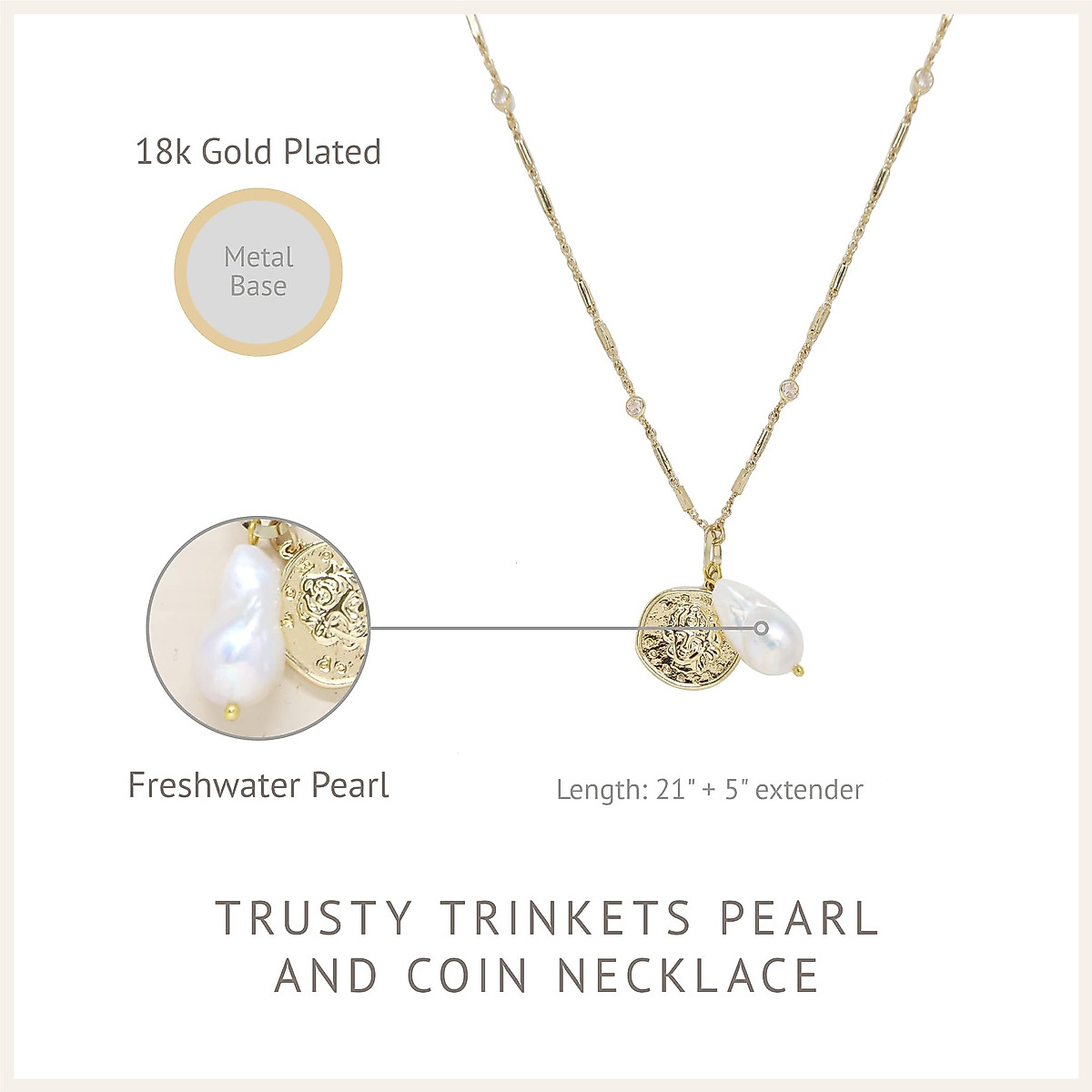 Ettika Pearl Necklaces For Women, Gold Necklace. Pendant Necklace for Women. Trusty Trinkets Pearl and Coin 18k Gold Plated Necklace