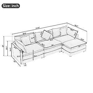 112.2" Modular Sofa Couch for Living Room, 3-Seater Comfy Chenille Cloud Couch with Ottoman/Chaise & 5 Pillows for Living Room Bedroom Office Apartment,Beige