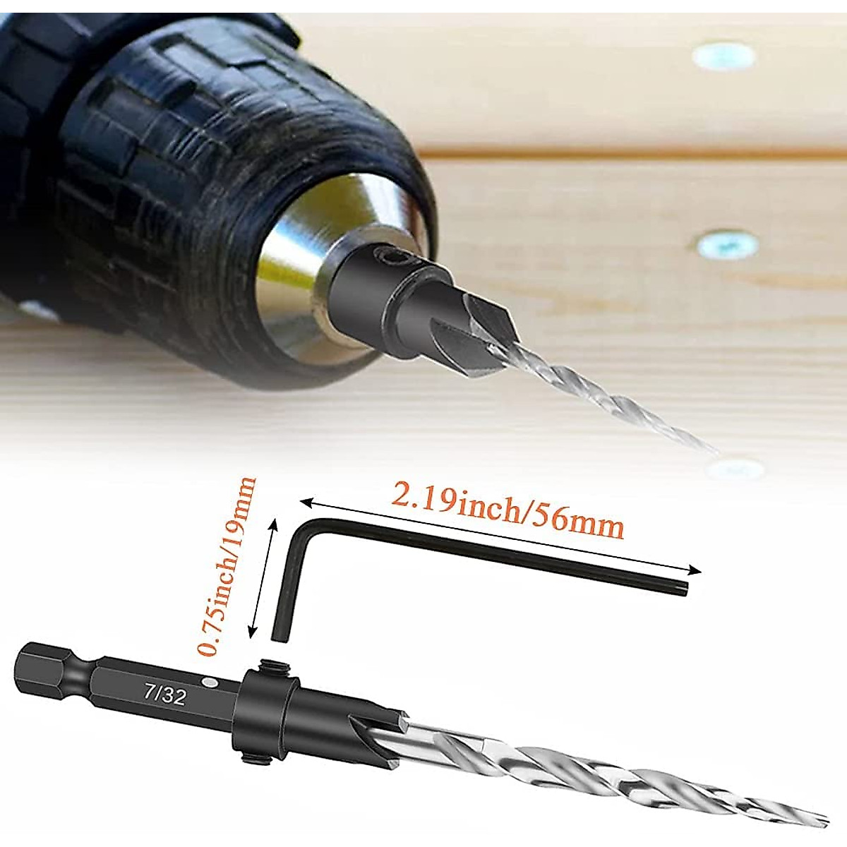 5 Pcs Countersink Drill Bits, Bestgle High Speed Steel Counter Sinker Drill Bits with Chamfering Combination for Woodworking, Imperial Hex Shank HSS Taper Bits 9/64", 3/16", 7/32", 11/64", 7/64"