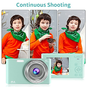 Saneen Digital Camera, FHD 2.7K Cameras for Photography, 44MP Kids Camera Small Mini Compact Digital Camera for Teens, Adults & Beginners with 32GB SD Card, 16X Zoom, Two Rechargeable Batteries-Green