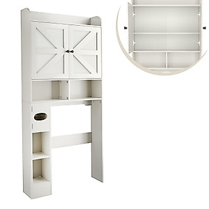 MUUEGM Over The Toilet Storage Cabinet with Barn Doors, 32.3''W Over The Toilet Shelf with Toilet Paper Holder, Bathroom Organizers and Storage Over Toilet with Adjustable Bottom Bar, White