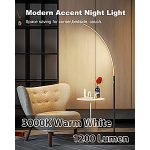 TACAHE Arc Corner Floor Lamp - 3000K Warm White & 3 Brightness Presets - Curved LED Accent Lamp with Touch Switch - 63" Modern Standing Lamp for Bedroom, Living Room - 12W - Black