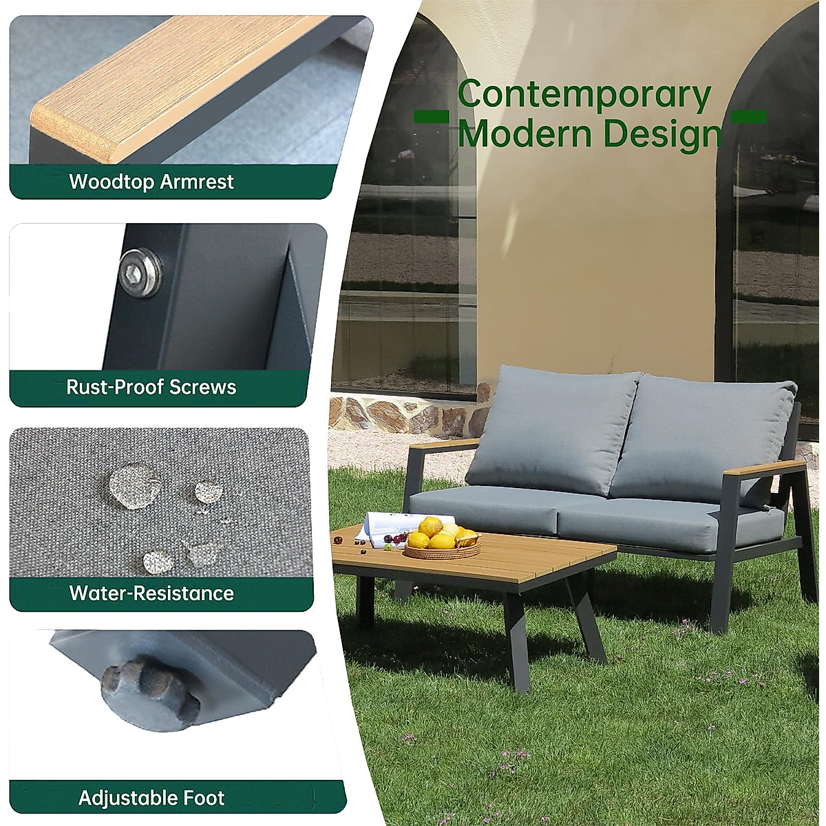 Yoneesn Aluminum Patio Loveseat 2 Seat Outdoor Sofa All Weather Indoor or Outdoor Sofa for 2 Outdoor Deck Couch, Dark Grey