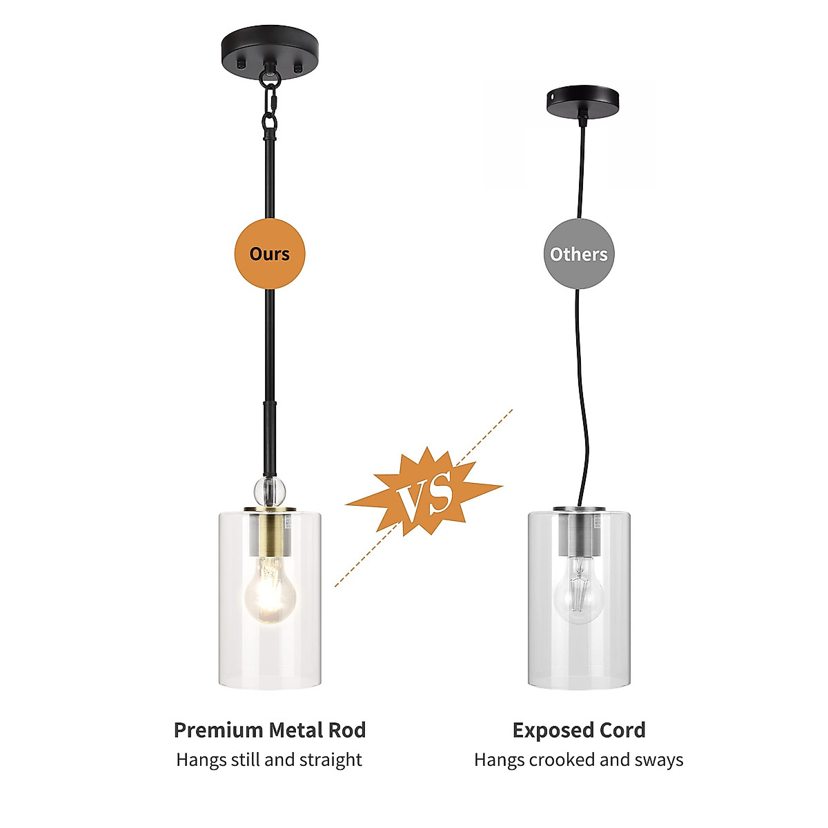 UL-Listed Glass Pendant Light with E26 LED Bulb, JACKYLED Adjustable Height Antique Brass Hanging Light, Modern Gold Pendant Light for Kitchen Island