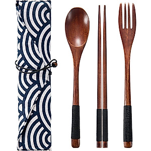 2 Sets Wooden Flatware Wooden Fork and Spoon Chopsticks Reusable Tableware Cutlery Set Travel Utensils Tied Line Flatware, Eating Utensils with Pouch for Office Camping Traveling
