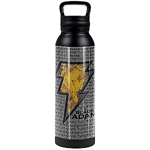 Black Adam OFFICIAL Emblem Bolt Black 24 oz Insulated Canteen Water Bottle, Leak Resistant, Vacuum Insulated Stainless Steel with Loop Cap