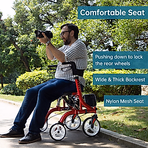 ELENKER Rollator Walker with Seat, 10”Front Wheels, with Shock Absorber & Carrying Pouch, Lightweight Compact Folding Design for Seniors (Red)