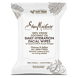 Shea Moisture 100 Percent Virgin Coconut Oil Daily Hydration Face Wipes, Coconut Milk Makeup Remover Wipes, Acacia Senegal Facial Wipes, Unisex Face Cleansing Wipes, 30 Count