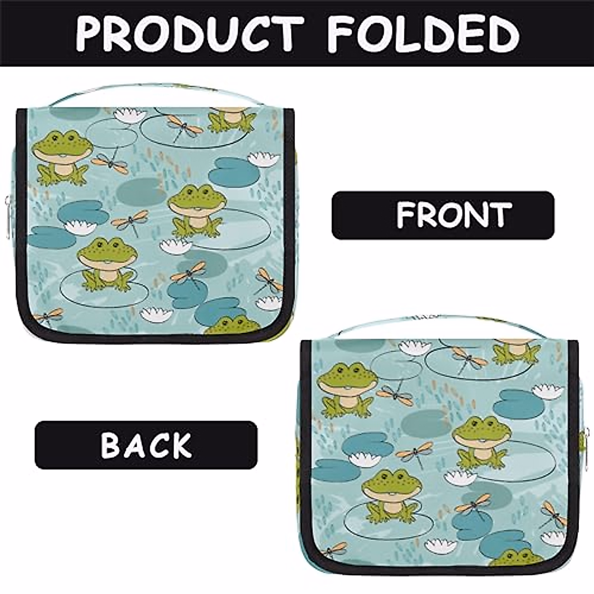 POFATO Frog Dragonfly Lotus Leaf Travel Toiletry Bag Cosmetic Makeup Bag for Women Men Hanging Hook Wash Toiletries Portable Toiletry Bags Organizer