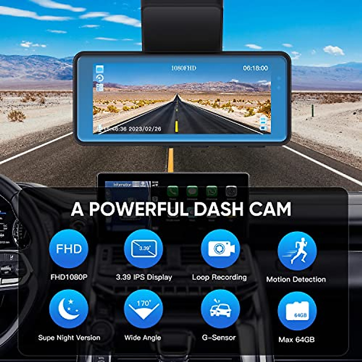 Dash Cam for Cars, 1080P Full HD Dash Car Camera Video Recorder Front Dashcam Super Night Vision, 170° Wide Angle Dashcams with 3.4" IPS Display, G-Sensor, WDR, Motion Detection Loop Recording