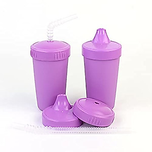 Re Play 10 Oz. No Spill Cups with Convertible Straw Lids - Made in USA - One Piece Silicone Valve and Bendy Straws - BPA Free - Purple
