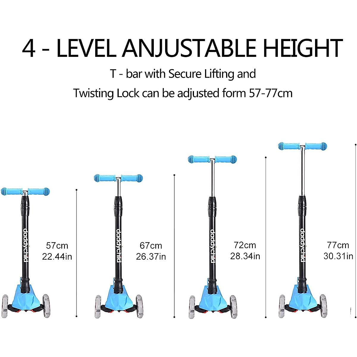 Kids Kick Scooter, 3 Wheeled Scooter for Kids, Child/Toddlers Toy, Adjustable Height, Anti-Slip Deck, Flashing Wheel Lights, for Boys/Girls 3-12 Year Old (Blue)