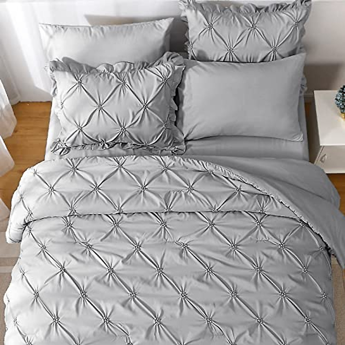JOLLYVOGUE Queen Comforter Set 8 Pieces, Pintuck Gray Bed in a Bag Comforter Set for Bedroom, Beddding Sets with Comforter, Sheets, Bed Skirt, Ruffled Shams & Pillowcases