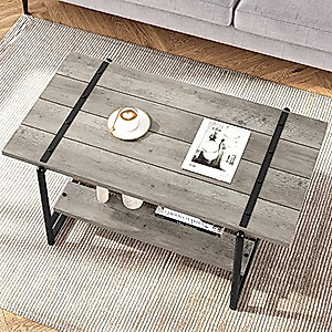 2-Tier Farmhouse 41'' Large Gray Wood Coffee Table with Storage Shelf -Modern Rustic Metal Rectangle Center Living Room Coffee Table Accent Furniture for Home Office,Easy Assembly