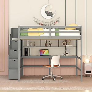 Bellemave Full Size Loft Bed with Desk and Storage Shelves,Wood Loft Bed Frame with Storage Staircase,High Loft Bed Full for Kids,Teens, Adults,Grey