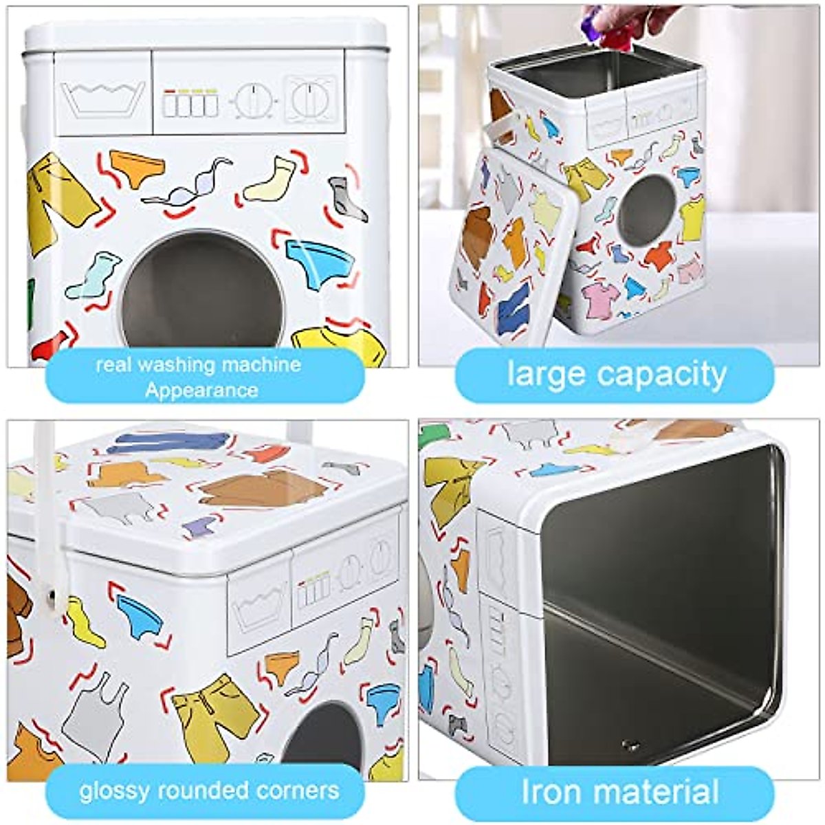 Laundry Detergent Container, Powdered Laundry Detergent Container with Perspective Window Lid Laundry Detergent Powder Storage Tin Box, Washing Machine Appearance Large Capacity Storage Box