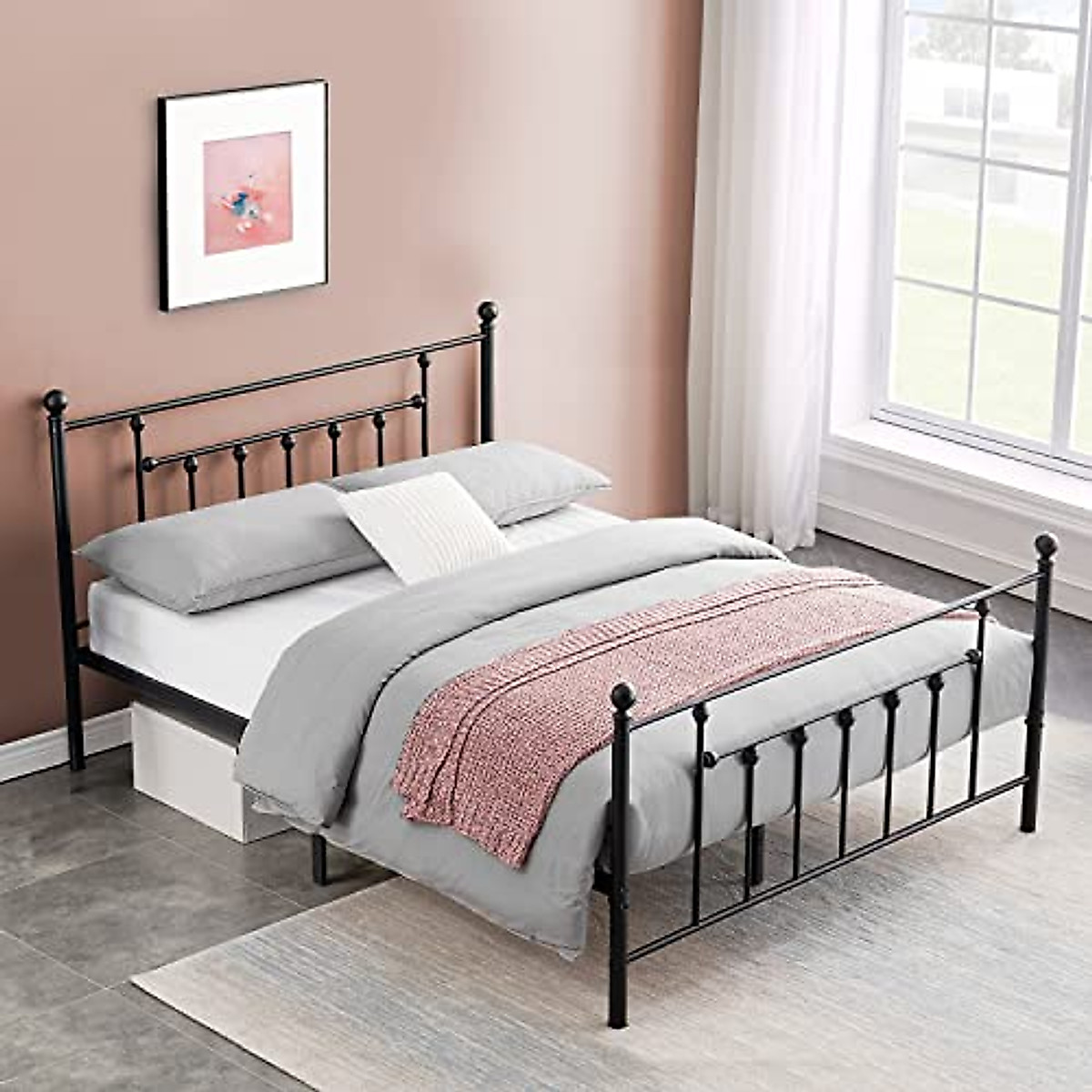 VECELO Queen Size Metal Platform Bed Frame with Headboard and Footboard, Sturdy Steel Slat Support/No Box Spring Needed Mattress Foundation/Easy Assemble，Victorian Style,Matte Black