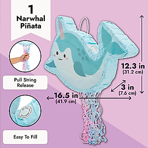 BLUE PANDA Pull String Narwhal Pinata for Birthday Party Supplies, Under the Sea Party Decorations, Baby Shower (Small, 16.5 x 12.3 x 3 In)