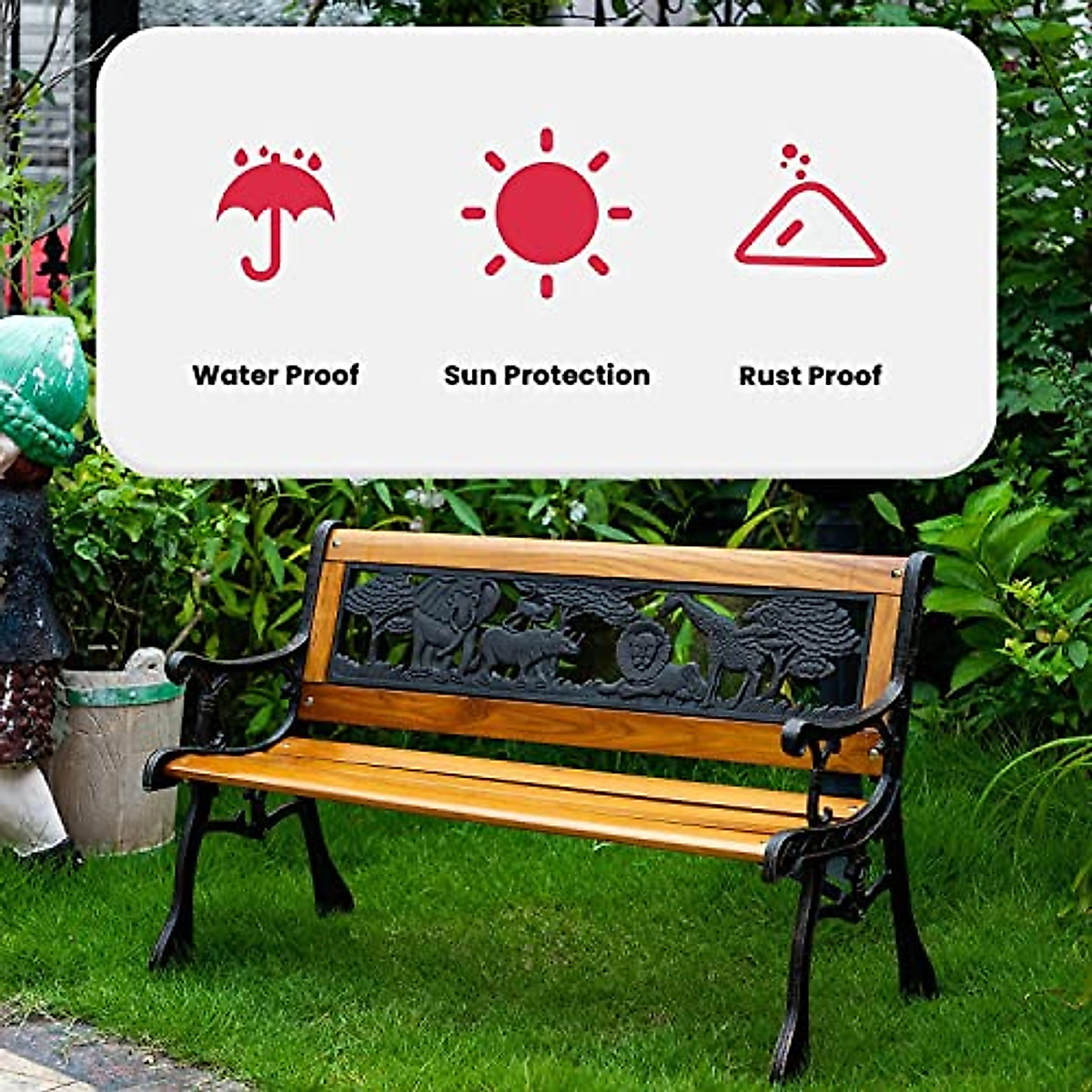 Outdoor Garden Bench Patio Bench for Kids, Porch Bench with Animals Style Back and Cast Iron Armrest Park Bench Metal Wood Bench Weather Proof Outside Patio Furniture for 1-5 Teenagers Children