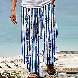 Muscularfit Baggy Cargo Pants Men Mens Casual Pants with Elastic Waistband Trousers for Men 2203 Cotton Linen Fashion Print Loose Pants Casual Lounge Drawstring Elastic Waist Straight Legs Sky Blue L