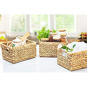 Natural Water Hyacinth storage basket with Handle, Rectangular Wicker Basket for Organizing, Decorative Wicker Storage Basket for Living Room, Medium Wicker Basket 12.2 x 8.9 x 6.9 inches