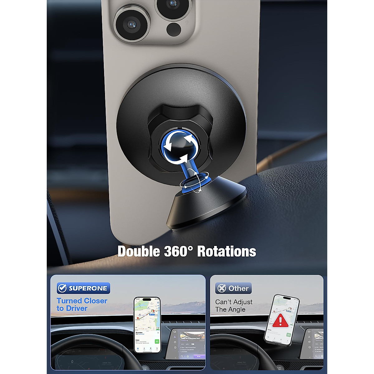 SUPERONE [2024 Upgraded] Fits MagSafe Car Mount, [Strongest Magnets] Magnetic Phone Holder for Car, 2 in 1 Stable Dashboard & Air Vent Car Phone Mount for iPhone 15 14 13 12 Pro Max