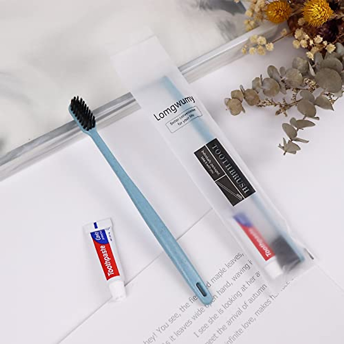 Lomgwumy Disposable Toothbrush, Toothbrush Bulk, Bulk Toothbrush and Toothpaste Sets, 4 Colors, Individually Packaged, Delicate and Practical, Suitable for Hotel, Home, Travel, Camping (PACK-32)