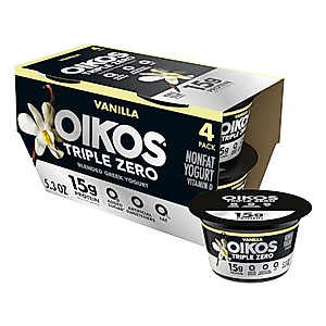 Oikos Triple Zero Vanilla Nonfat Greek Yogurt Pack, 0% Fat, 0g Added Sugar and 0 Artificial Sweeteners, Just Delicious High Protein Yogurt, 4 Ct, 5.3 OZ Cups
