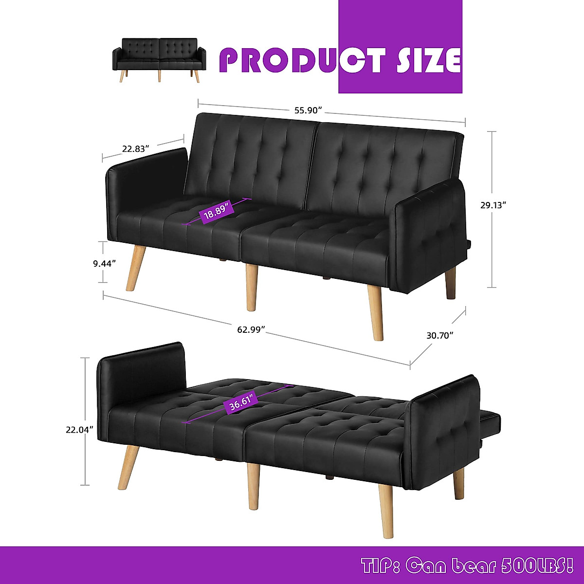 TYBOATLE Faux Leather Convertible 65'' Folding Futon Sofa Bed w/ 2 USB, Loveseat for Small Space, Apartment, Dorm, Living Room, Office, Black