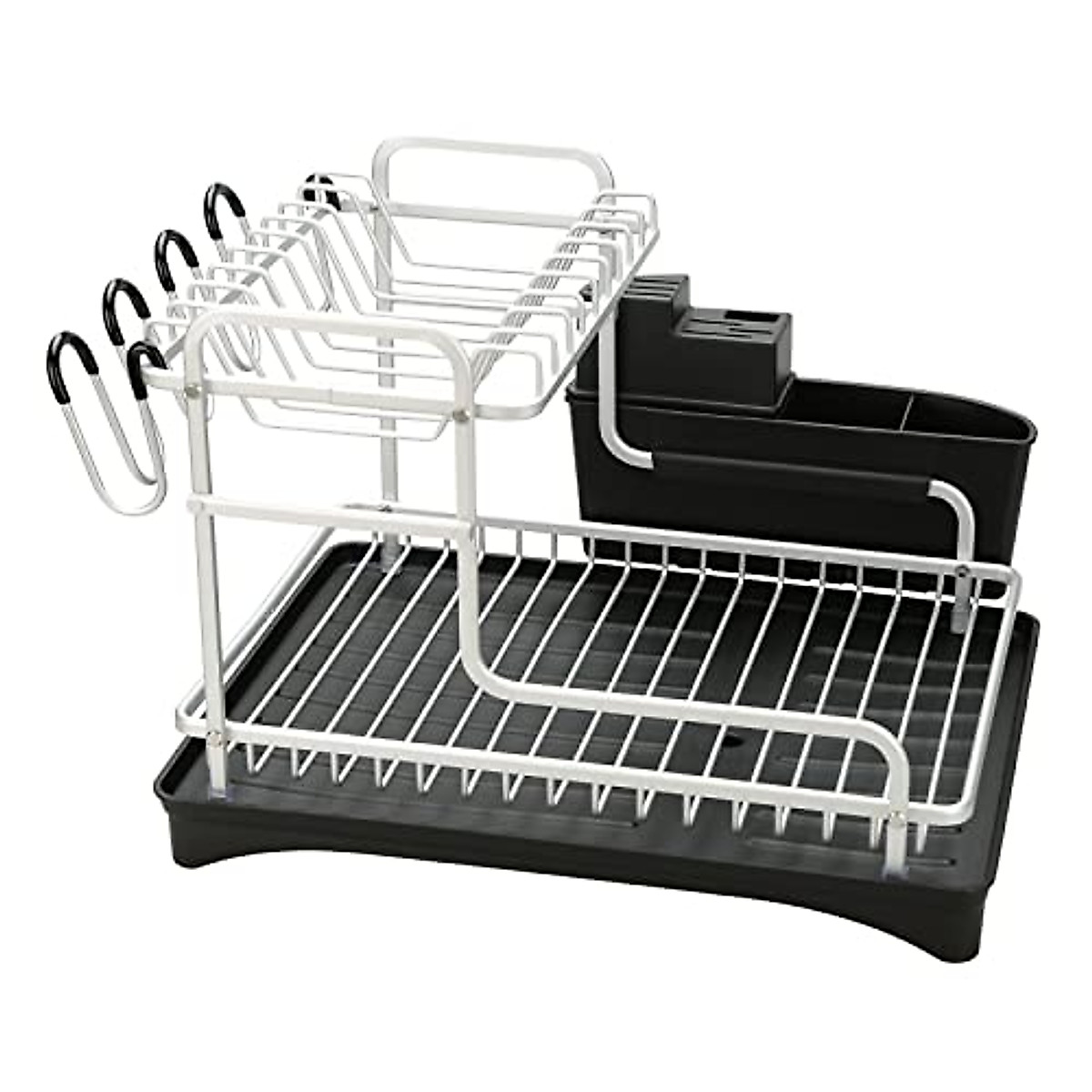 IKAYAA 2-Tier Dish Drying Rack, Dish Rack and Drainboard Set with Swivel Spout, with Cup Holder, Premium Aluminum, for Small Kitchen Countertop, Black Tray + Silver Frame