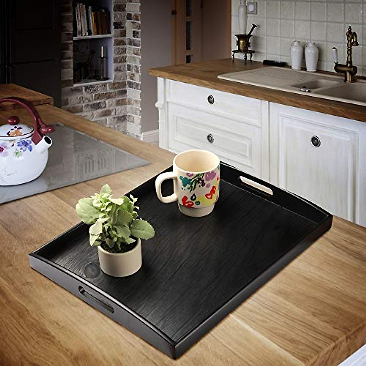 Jara19 Large Serving Tray Black Wood Rectangle for Ottoman Food Breakfast in Bed 17 x 13 x 2