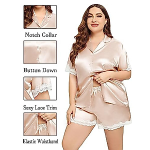 SWOMOG Satin Plus Size Pajama Women Short Sleeve Loungwear Two Piece Sleepwear Silk Satin Pajamas Set Comfy Pjs with Lace Trim Champagne