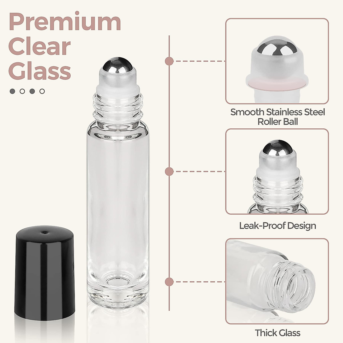 ComSaf Glass Essential Oil Roller Bottles, Set of 24, 10 ML Clear Glass Bottles with Stainless Steel Roller Balls, Leakproof Essential Oil Container Kits with Labels, Dropper, for Facial Body Care