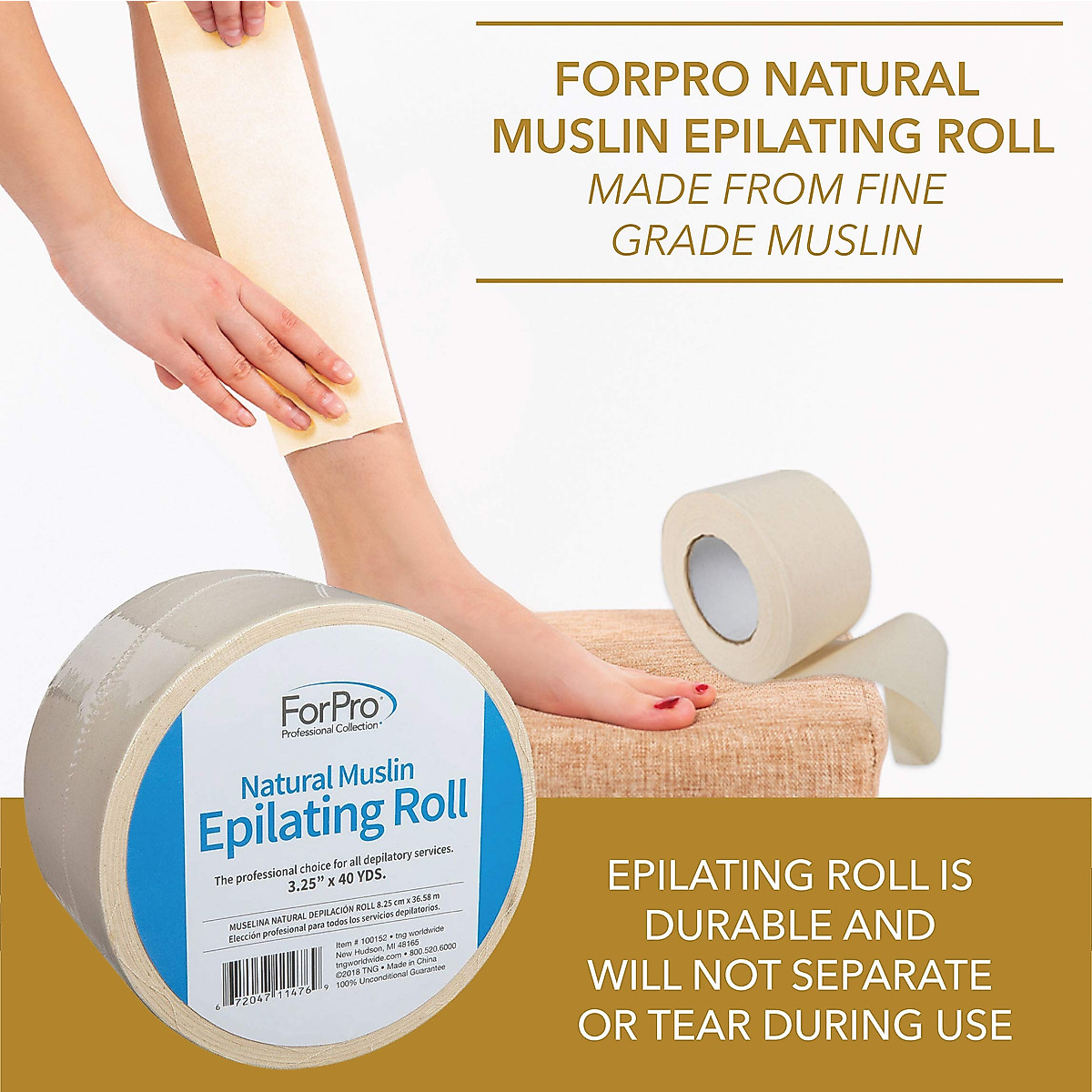 ForPro Professional Collection Natural Muslin Epilating Roll, Tear-Resistant, for Hair Removal, 3.25” W x 40 Yds