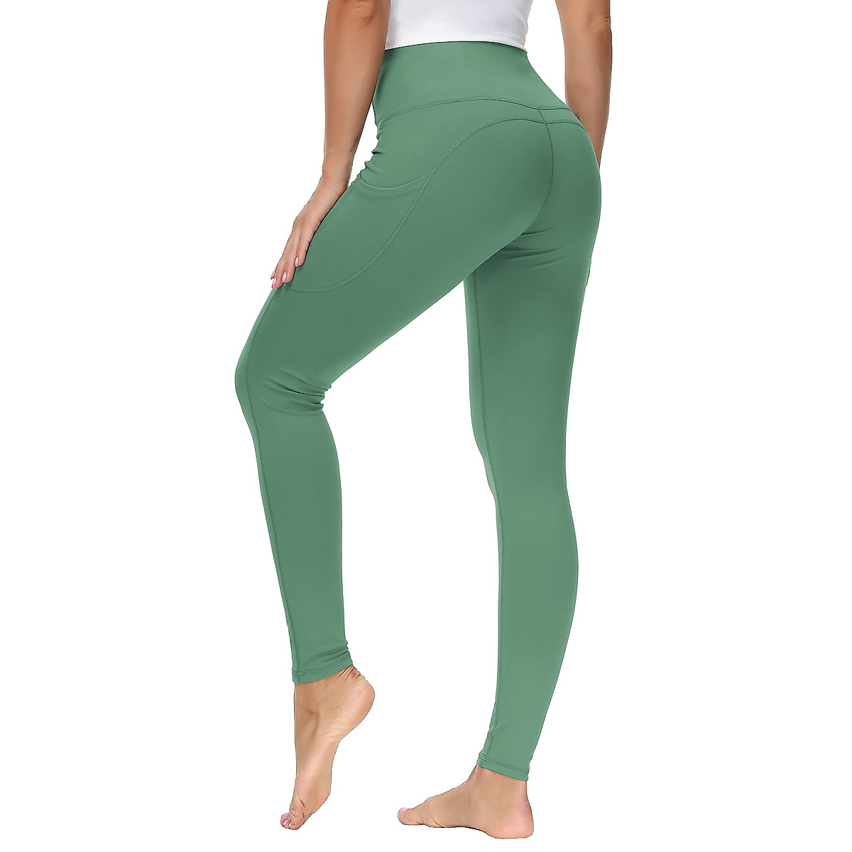 THE GYM PEOPLE Thick High Waist Yoga Pants with Pockets, Tummy Control Workout Running Yoga Leggings for Women (Small, Light Green)