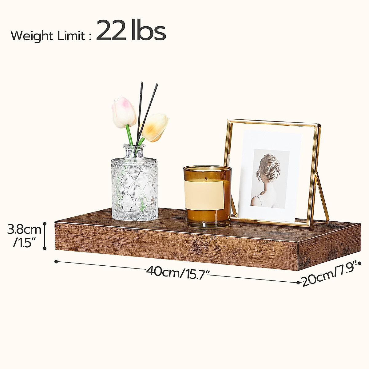 HOOBRO Floating Shelves, Wall Shelf Set of 2, 15.7 inch Hanging Shelf with Invisible Brackets, for Bathroom, Bedroom, Toilet, Kitchen, Office, Living Room Decor, Rustic Brown BF40BJ01