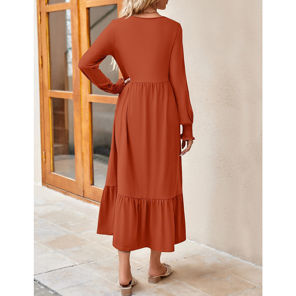 ZESICA Women's 2024 Fall Long Sleeve Dress Crewneck Casual Loose Pleated Tiered Swing Midi Dresses with Pockets,Rust,Medium