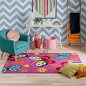 Well Woven StarBright Daisy Butterflies Modern Abstract Pink 3'3" x 5' Kids Area Rug