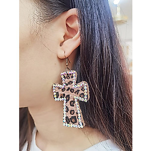 Vintage Leather Cross Dangle Earrings for Women Leopard Print AB Crystal Statement Drop Dangling Hook Stud Earring Boho Lightweight Exaggerated Jewelry