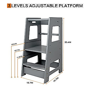 DEARYOU Toddler Stool Tower,Toddler Kitchen Stool, Kitchen Standing Helper Stool for Toddlers, Toddler Stool for Kitchen Counter, Learning Kitchen Tower for Toddlers, Helper Standing Tower, Grey