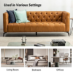 HULALA HOME 85" W Genuine Leather Sofa Couch with Metal Legs, Button-Tufted 3-Seater Sofa with Square Arms, Mid Century Modern Upholstered Couch for Living Room, Bedroom, Apartment, Camel