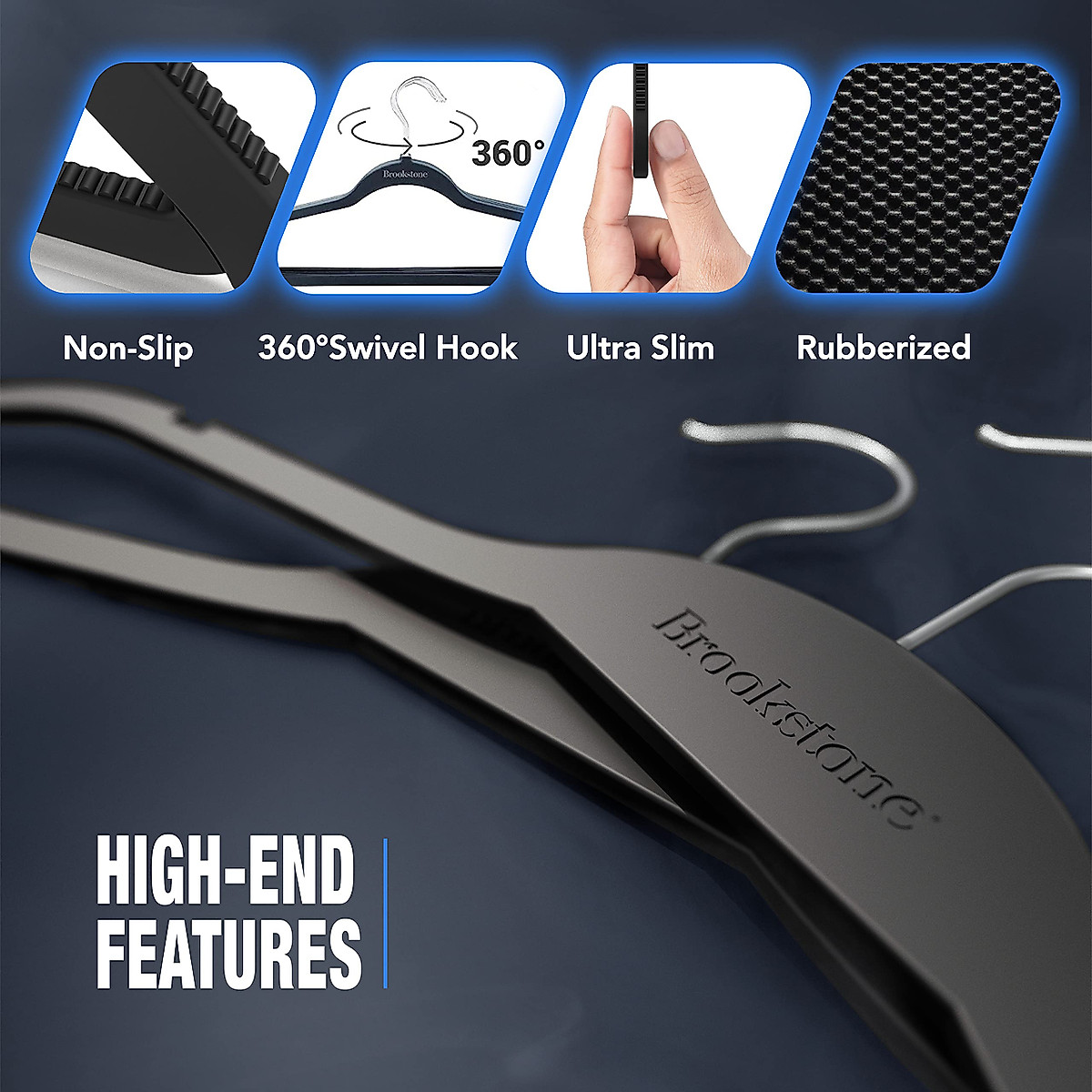 BROOKSTONE, 25 Pack [Non-Slip] 3D Rubberized Hangers, Ultra Slim Lightweight Design, Heavy-Duty, Won’t Stain Fabric, Swivel 360° Hook
