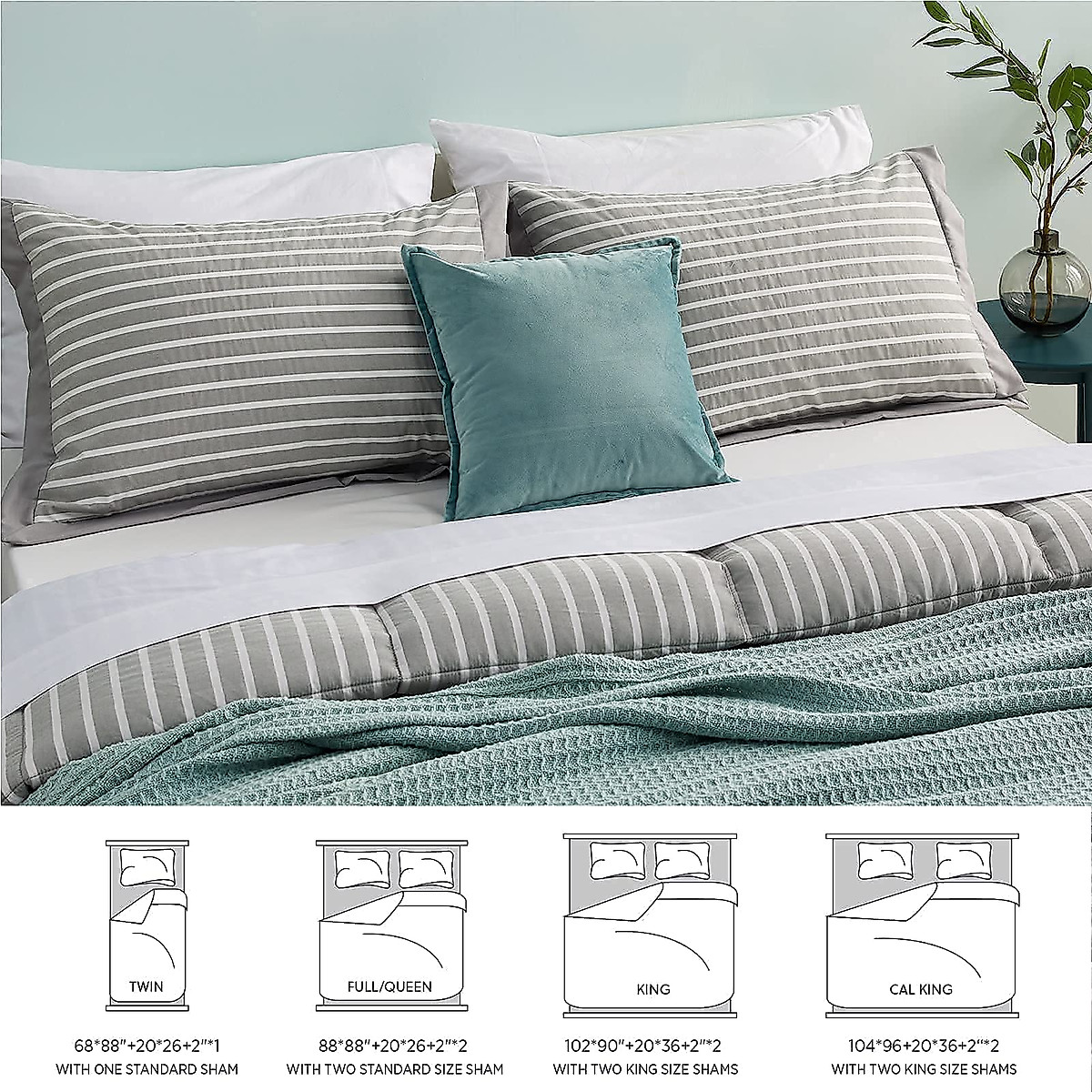 Bedsure Queen Size Comforter Set - Percale Stripes Down Alternative Grey Comforter Sets Box Stitching Gray Duvet Insert, All Season Bed Set with 2 Pillow Shams (Queen/Full, 88x88'', 3 Pieces)