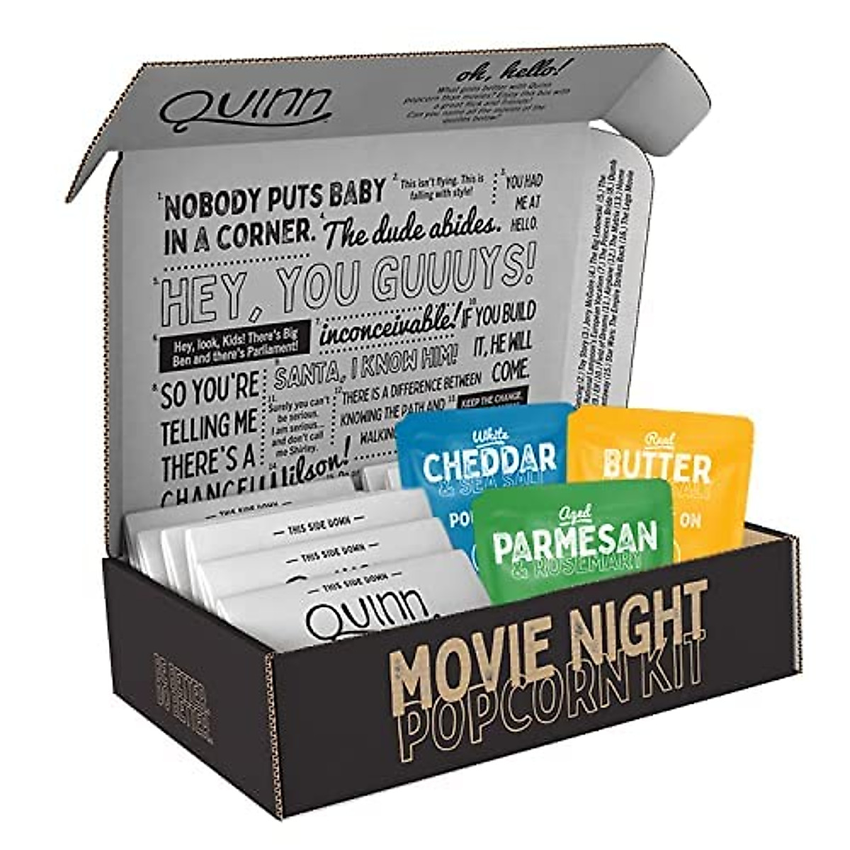 Quinn Movie Night Popcorn Variety Gift Kit, 3 Flavors - Real Butter, Parmesan & Rosemary, White Cheddar, Non-Gmo, Organic Popcorn Kernels (9 bags)