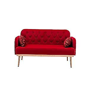 55" Small Velvet Couch with Elegant Moon Shape Pillows, Twin Size Loveseat Accent Sofa with Golden Metal Legs, Living Room Sofa with Tufted Backrest, 600 Pounds Weight Capacity (Red)