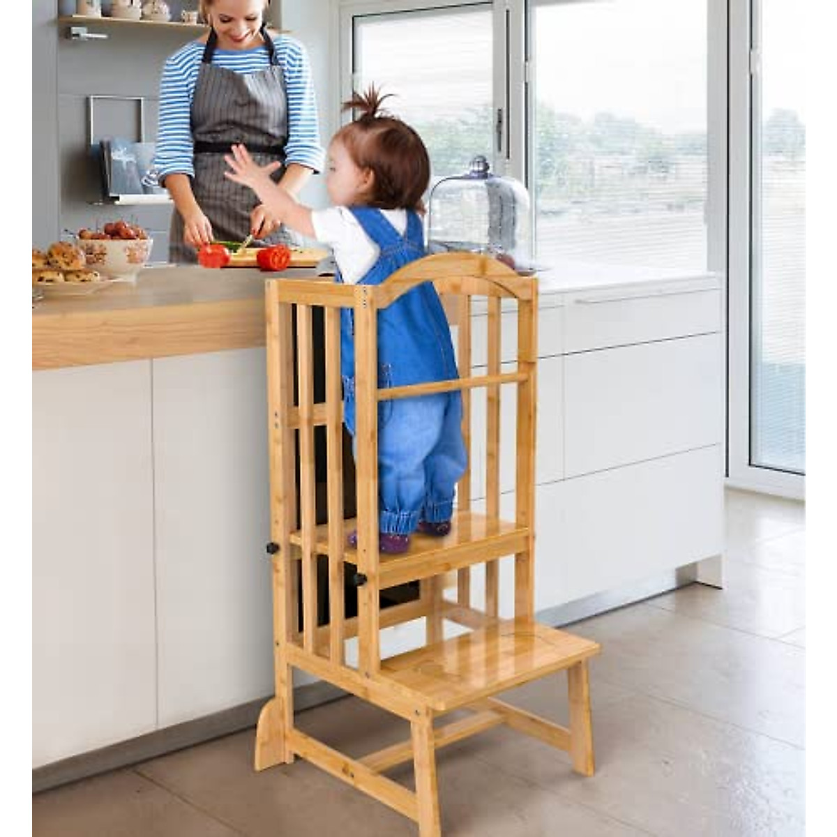 DORPU Learning Step Stool for Kids, Adjustable Height Toddler Kitchen Standing Tower with Double-Side Art Board, Natural