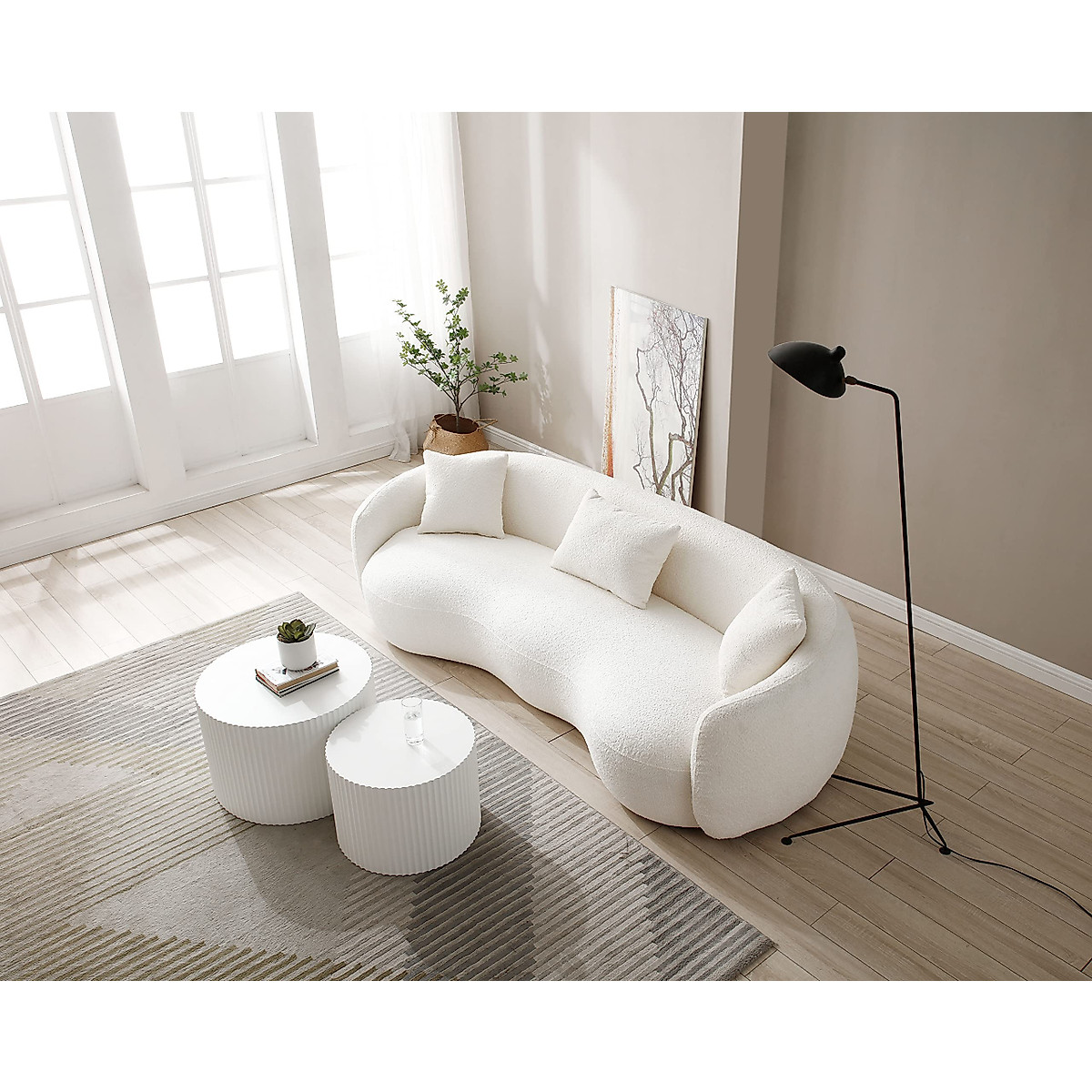 JUSTONE 94" Mid Century Modern Curved Living Room Sofa, 3-Seat Boucle Fabric Couch for Bedroom, Office, Apartment, Beige