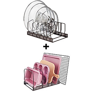 Toplife Adjustable 7+ Lids Organizer Rack + 10+ Bakeware Organizer Rack for Kitchen Cabinet and Counter, Brown