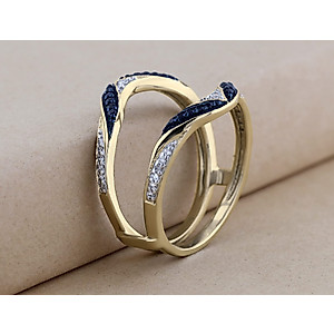 Dazzlingrock Collection Round Blue Sapphire & White Diamond Ladies Wedding Band Guard Double Ring in 14K Yellow Gold, Size 6